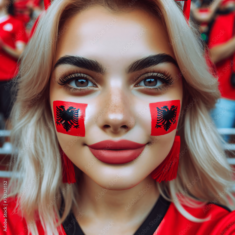 Albanian Young Female Soccer Fan with Painted National Flag Cheeks at ...