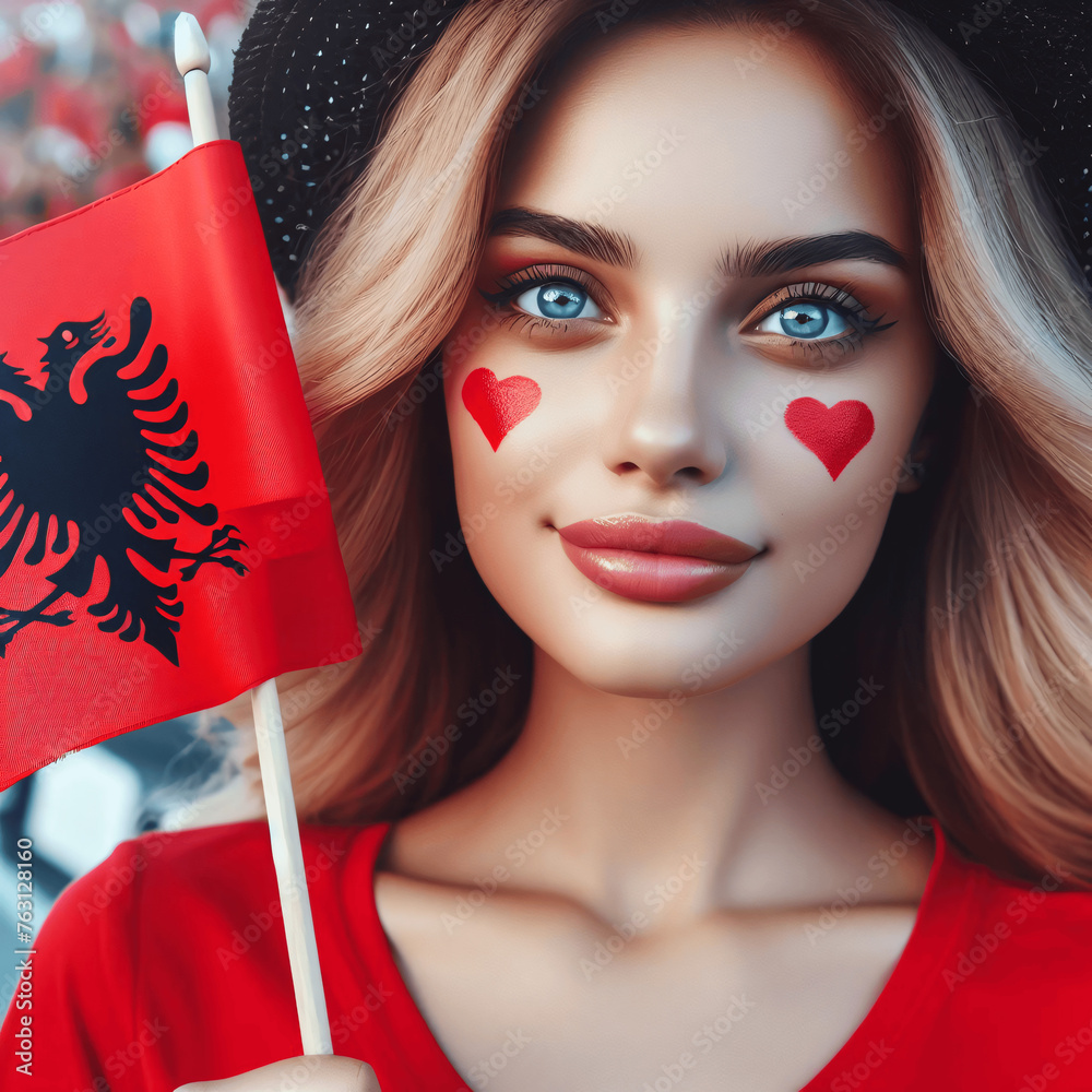 Albanian Young Female Soccer Fan with Painted National Flag Cheeks at UEFA Euro Championship ...