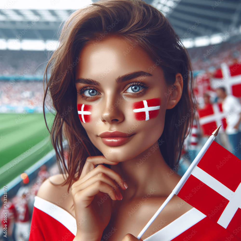 Danish Young Female Soccer Fan with Painted National Flag Cheeks at ...