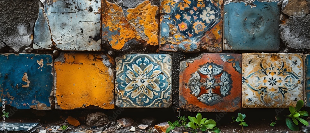 Wall of old, ornate tiles with peeling paint, showing patterns in ...