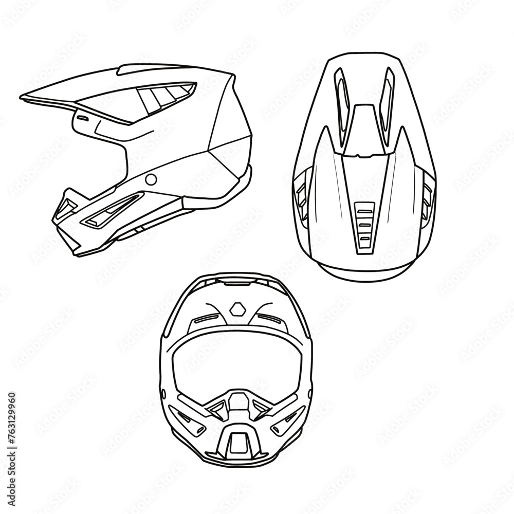 Technical sketch drawing of motocross helmet line art, flat sketch ...