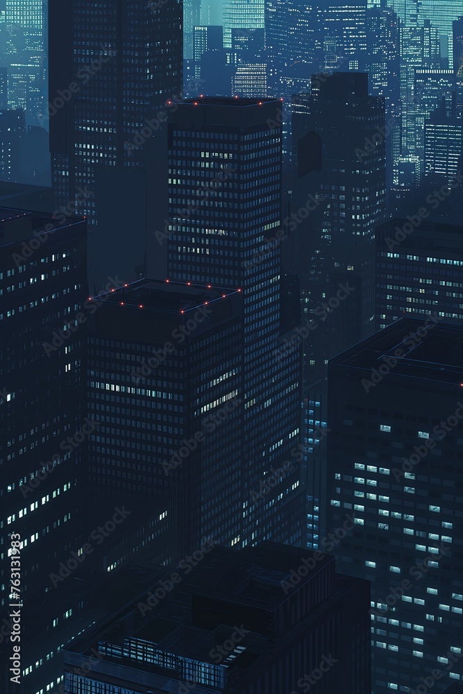 Dark synth 32 bit style misty skyline of a dense city at night with ...