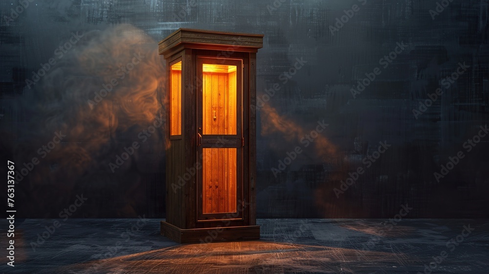 Old-fashioned style wooden phone booth with light inside on dark wall ...