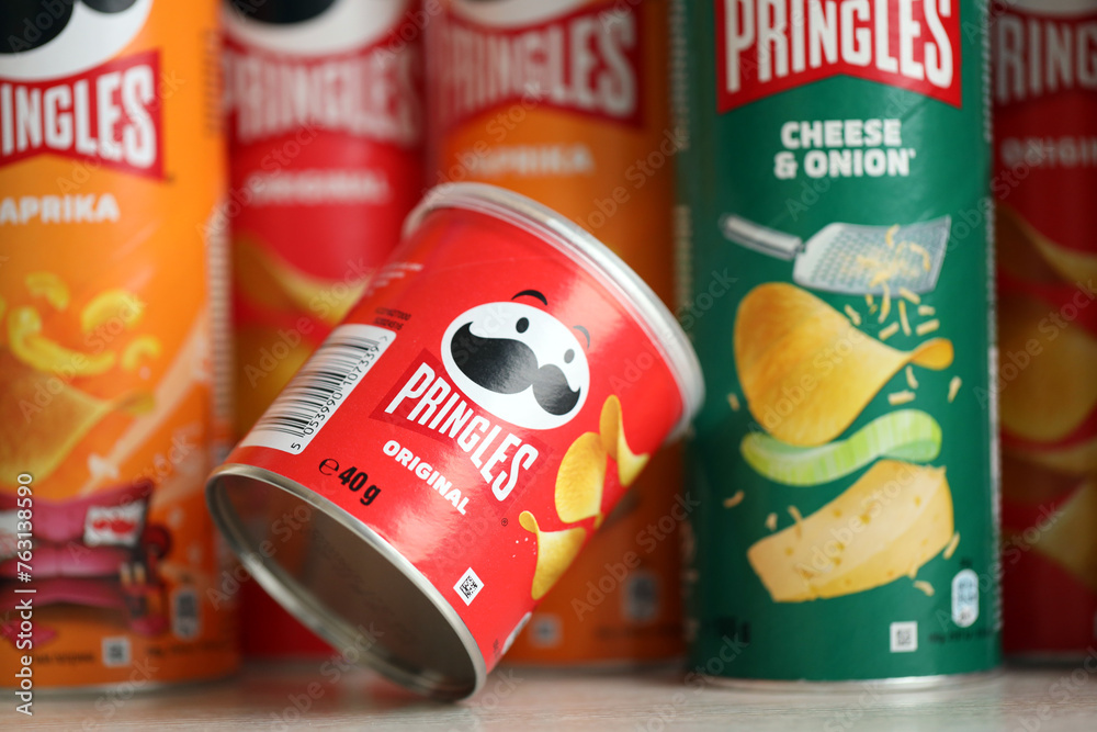 KYIV, UKRAINE - FEBRUARY 27, 2024 Pringles original potato chips on ...