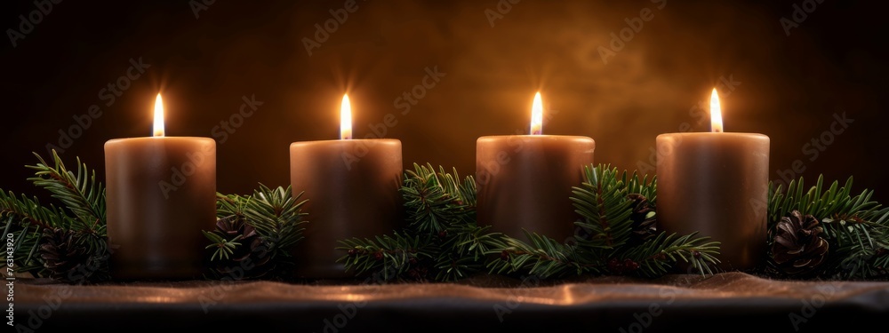 Fourth advent, four candles - candlelight on dark brown panorama background - advent banner ...