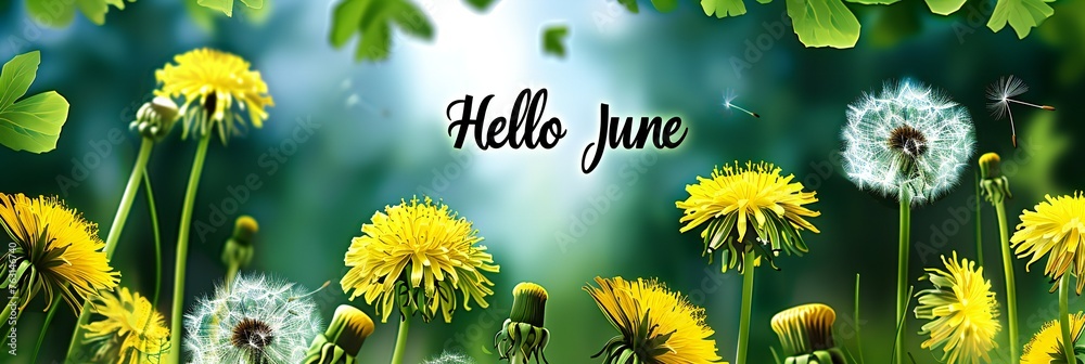 Hello june flowers. Banner hello june. New season. Summer. Dandelions ...