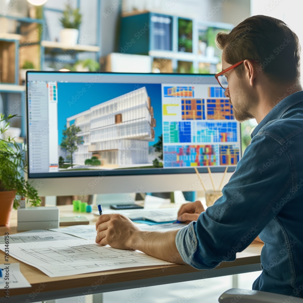 Architect analyzing a building model on screen. An architect is closely ...