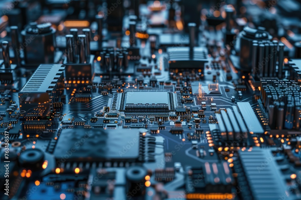 This close-up view showcases the intricate circuitry and components of ...