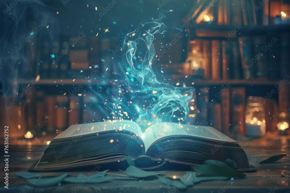Magic adventure story coming out of an open book, symbolizing the power ...
