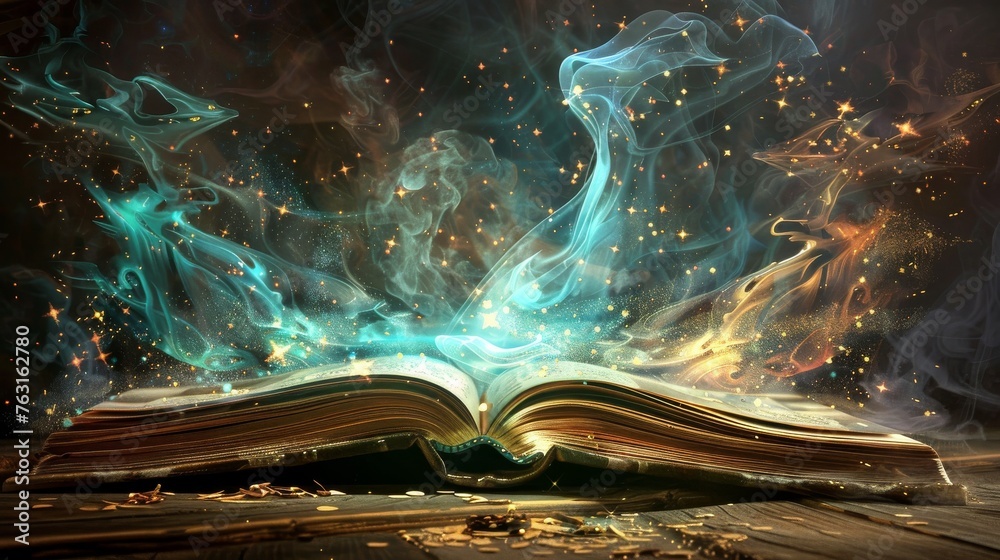 Magic adventure story coming out of an open book, symbolizing the power ...