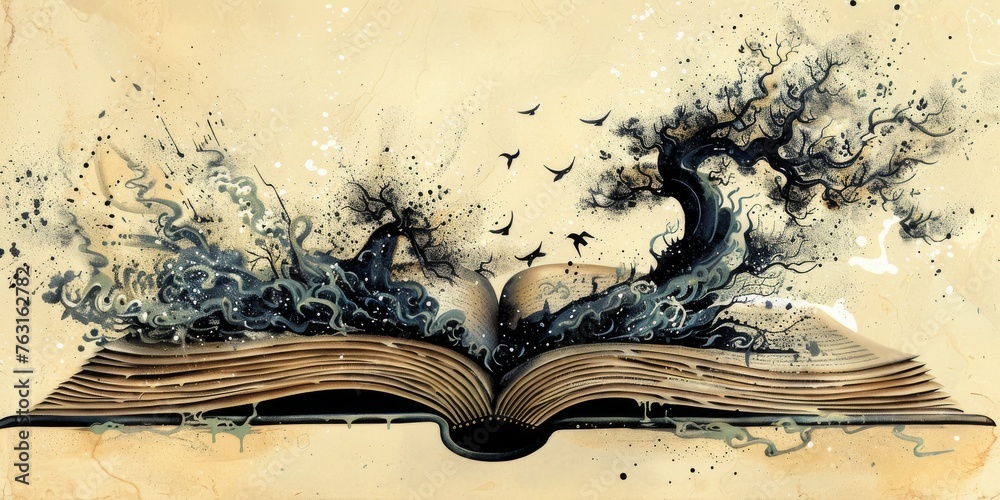 Magic adventure story coming out of an open book, symbolizing the power ...