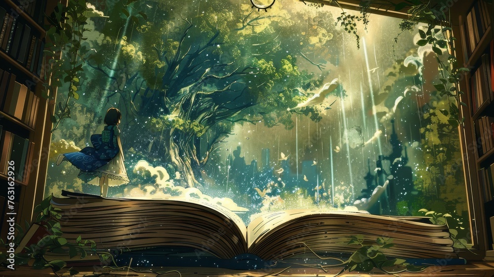 Magic adventure story coming out of an open book, symbolizing the power ...