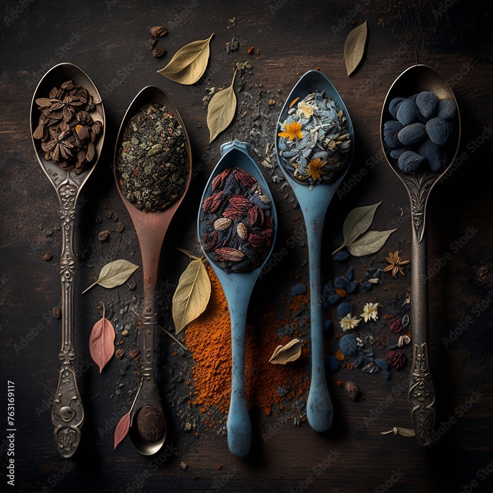 Assortment of dry tea in vintage golden spoons spices india curry ...