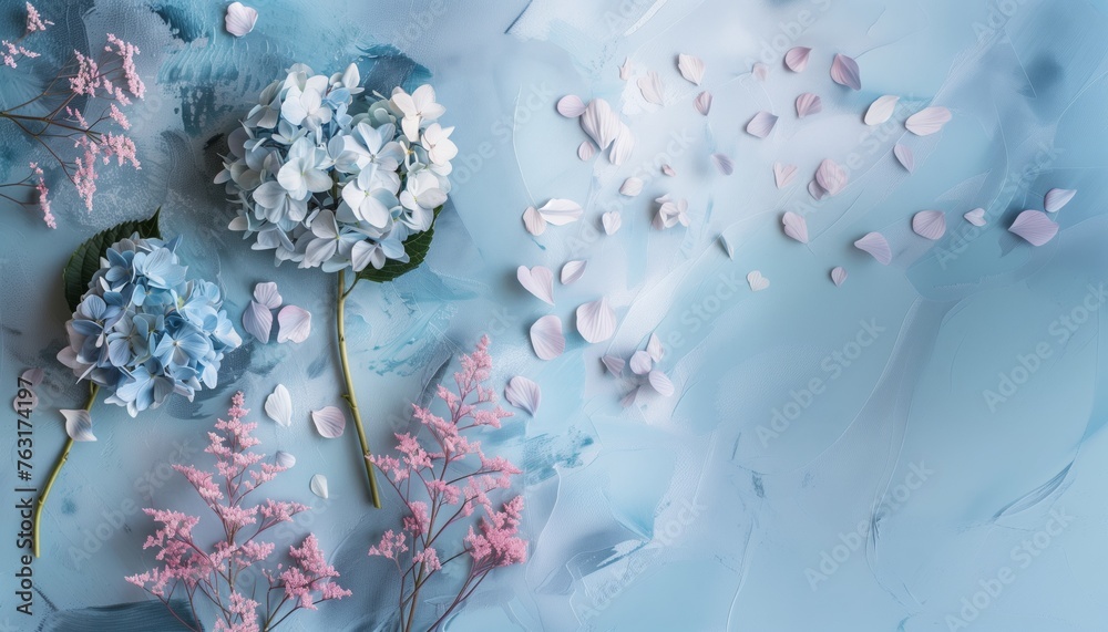A blue floral background with blue hydrangeas and pink petals, Blue ...