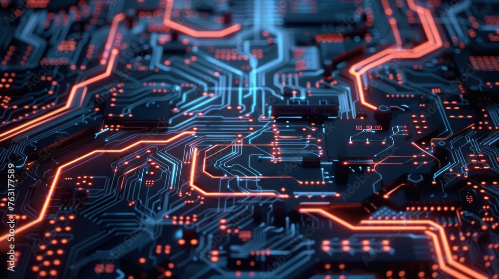 Macro close-up view of an electronic circuit board highlighting the ...