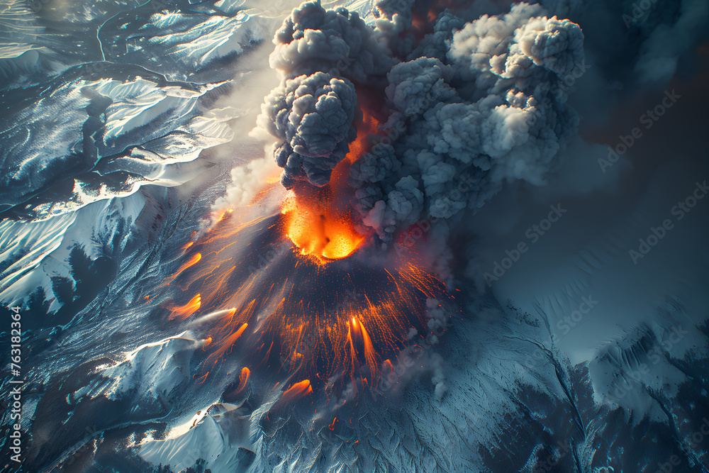 Volcanic eruption with flowing lava and explosive ash clouds ...