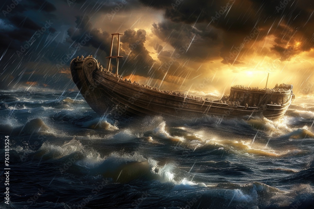 An artistic rendition of Noah's Ark amidst a stormy sea, a scene likely drawn from the Biblical ...