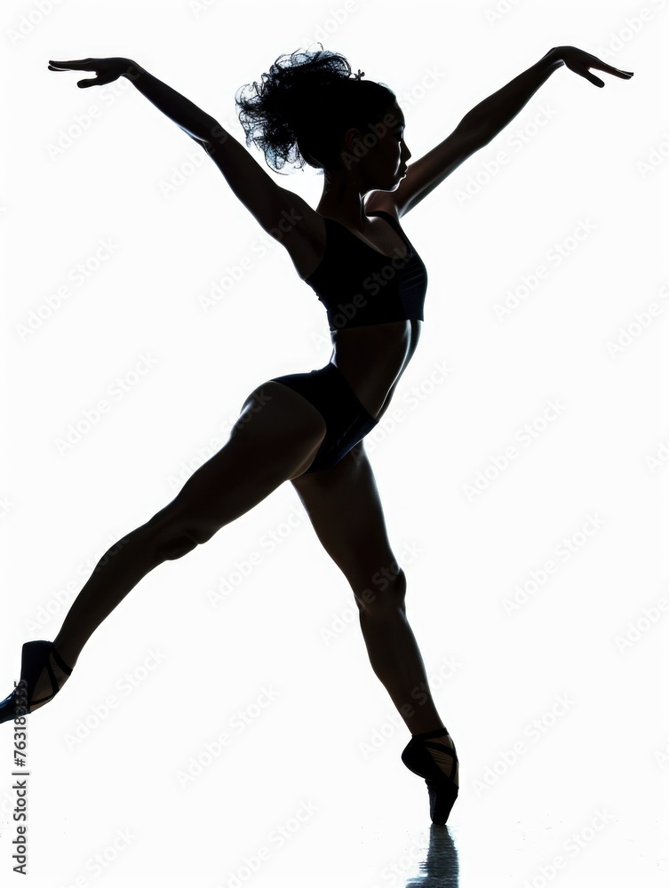 A ballet dancer in silhouette, captured in a poised dance posture with ...