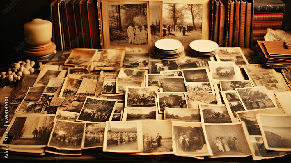 Stacks of old photographs on the table created with Generative AI ...