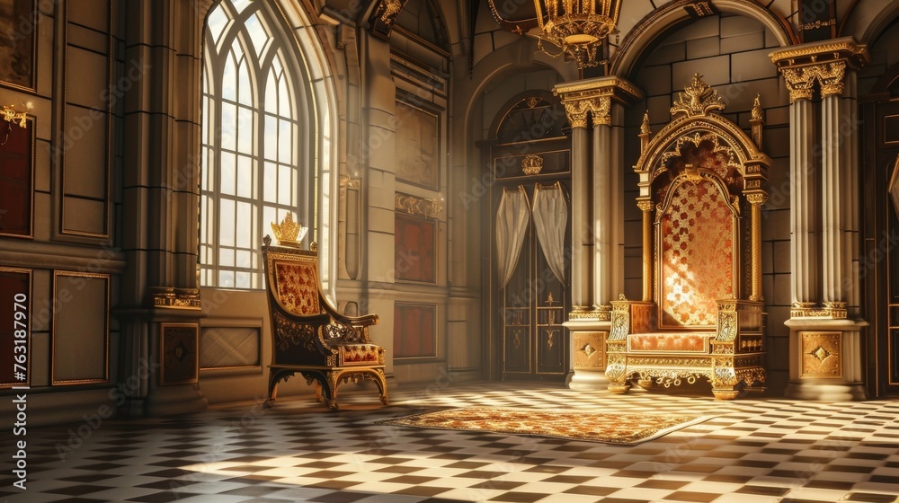 An empty royal courtroom with a single golden crown on the throne AI ...