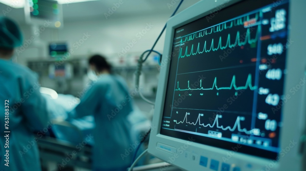 ECG monitor in intensive care unit showing patient's heart rate in ...