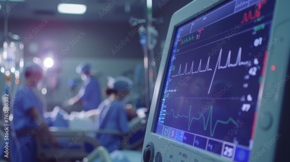 ECG monitor in intensive care unit showing patient's heart rate in ...