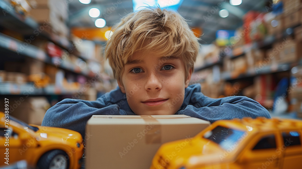 Smiling boy with toy cars shopping in a store aisle, looking at camera ...