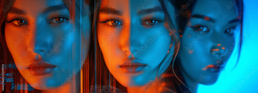 Wide-format image featuring a woman's face in three overlapping shots ...