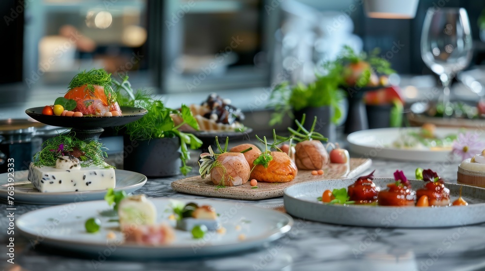 An array of gourmet dishes, each meticulously prepared with vibrant ...