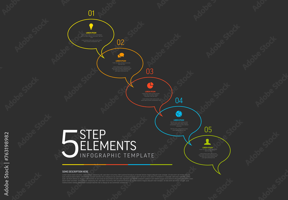 Five simple colorful steps in speech bubbles dark diagonal process ...