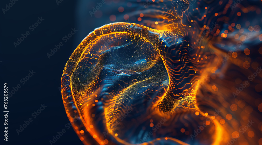 Dynamic digital abstract design of human ear with glowing orange ...