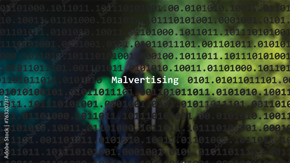 Cyber attack malvertising text in foreground screen, anonymous hacker hidden with hoodie in the ...