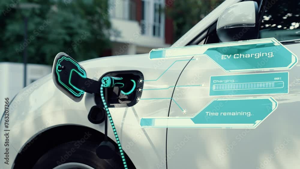Electric car recharging in futuristic home charging station with smart ...