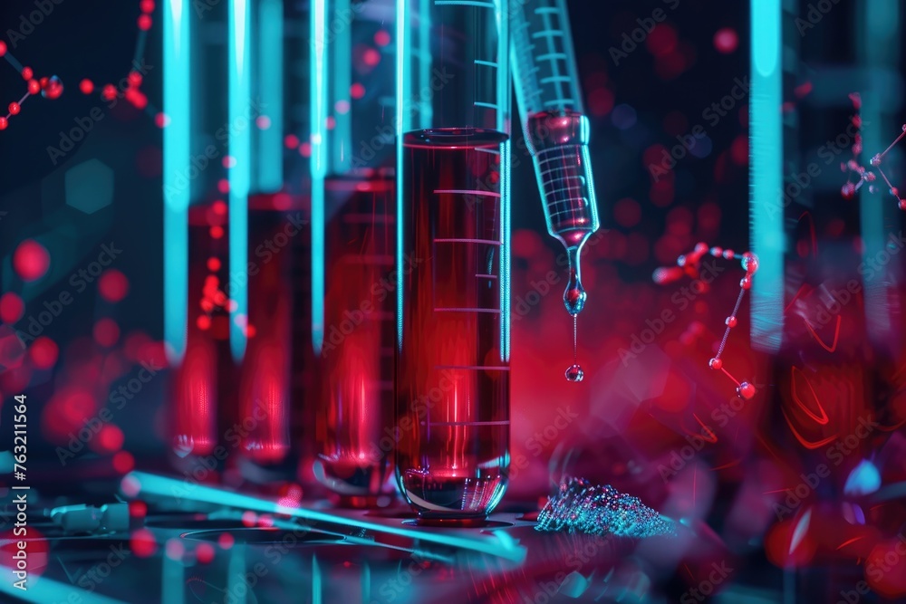 Red liquid in scientific measuring tools - Close-up of test tubes ...
