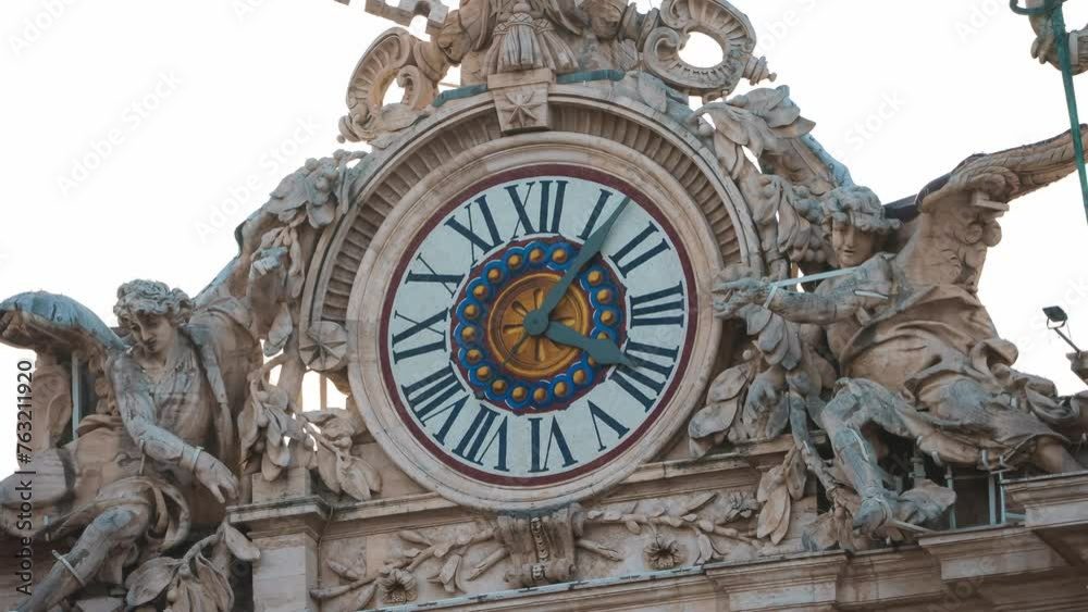 Close up view of the clock on top of the Vatican city. Timelapse of the ...