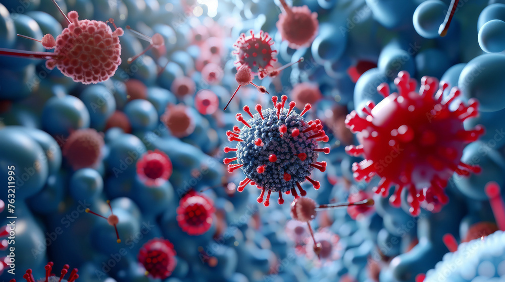 Microscopic Pathogen Visualization in Blue and Red. Digital rendering ...