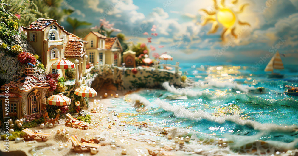 Artistic miniature of a seaside resort beach made of precious metals ...