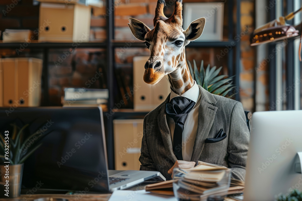 A giraffe wearing glasses sits at a desk in front of a computer. The ...