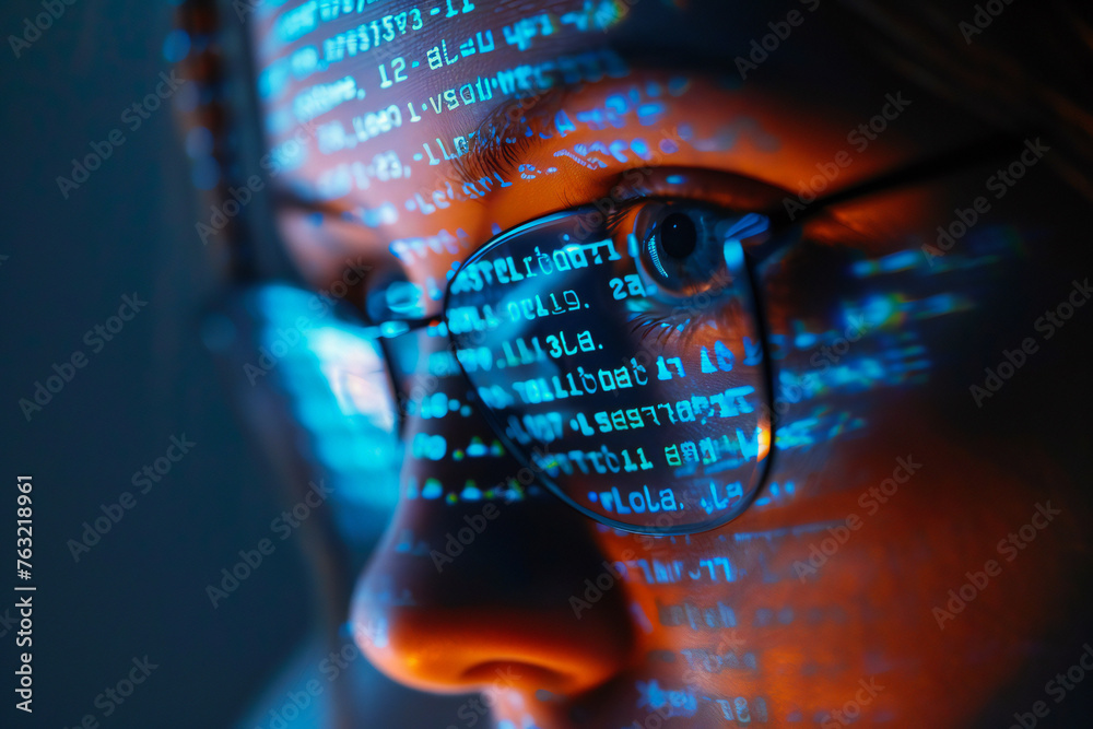 A female programmer looks at the monitor screen up close, a program ...