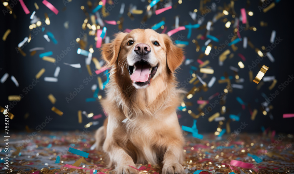 Happy dog celebrating at a birthday party with falling confetti Stock ...