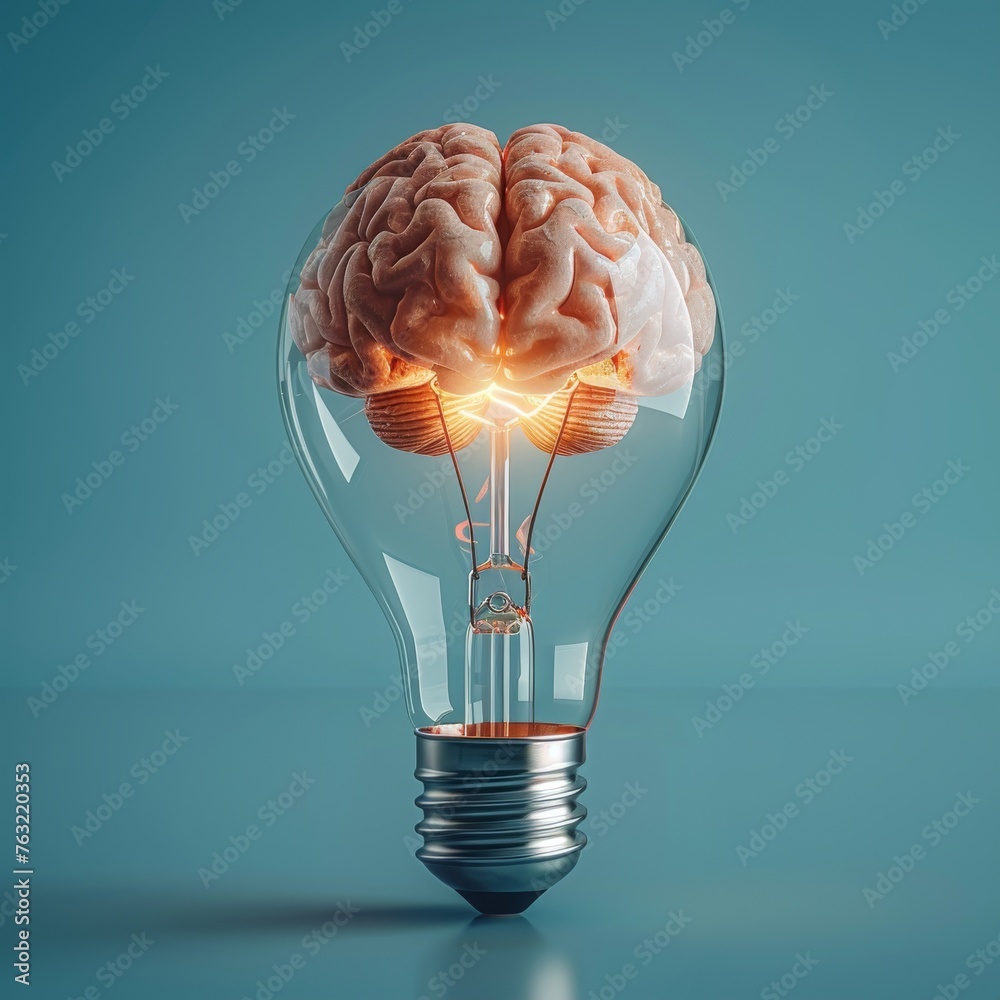 An adorable brain cartoon in 3D, pondering with a light bulb ...