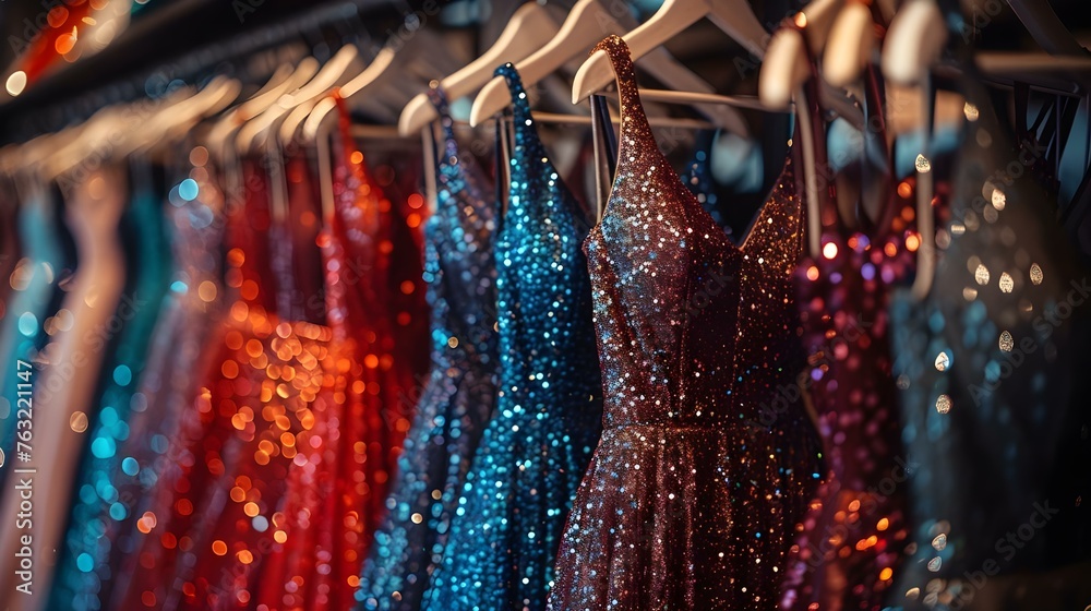 Stylish sequin evening dresses on display in a fitting room ...