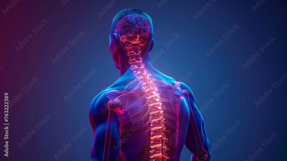 Human spine in x-ray on blue background. The neck spine is highlighted ...