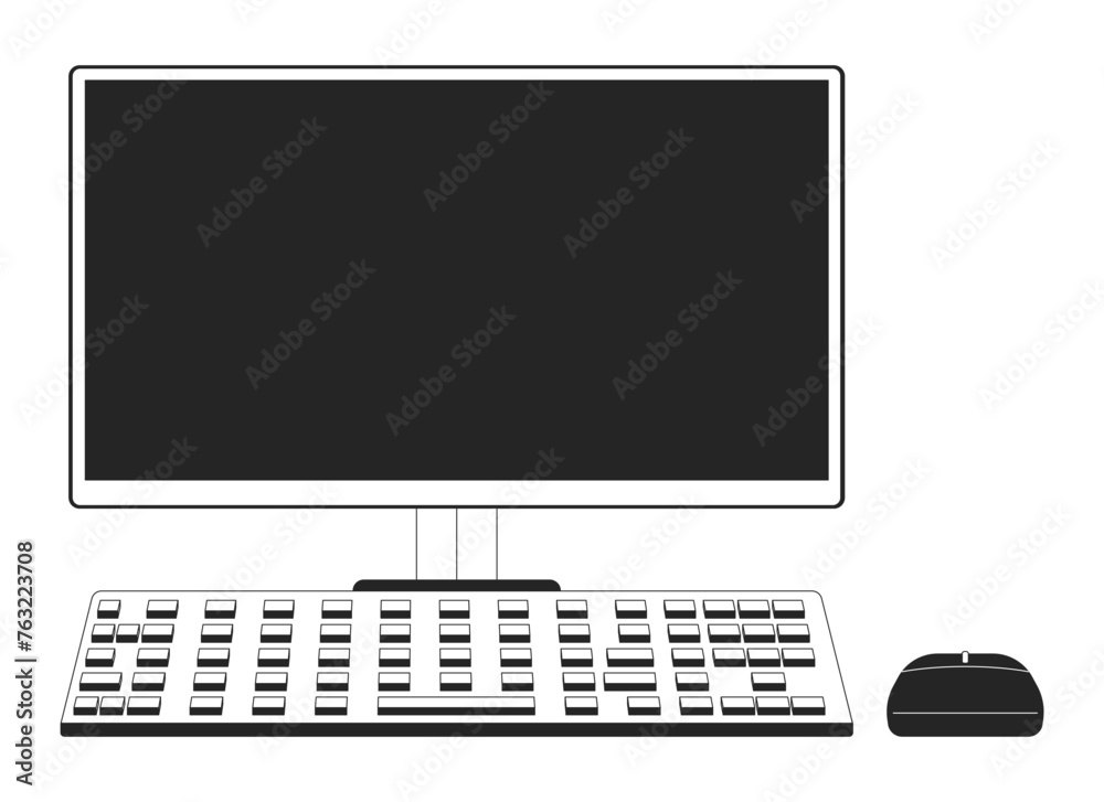 Computer with empty monitor black and white 2D line cartoon object ...
