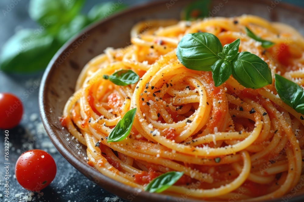 Close-up of al dente spaghetti covered in flavorful tomato sauce and ...
