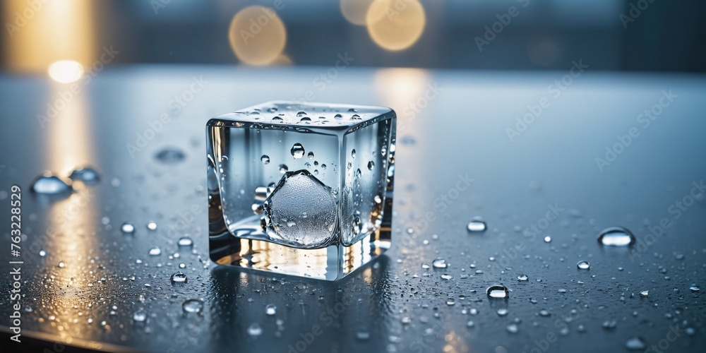 Ice Cube on a Table. A single ice cube sits on a light colored table ...