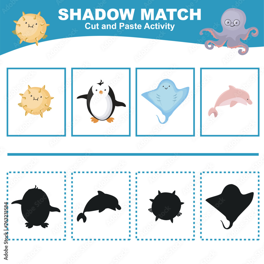Shadow matching for children. School activity for kids. Cut and paste ...