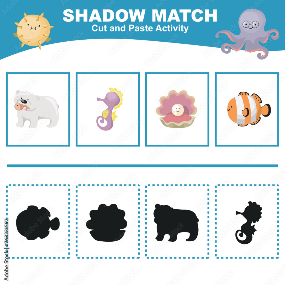 Shadow matching for children. School activity for kids. Cut and paste ...