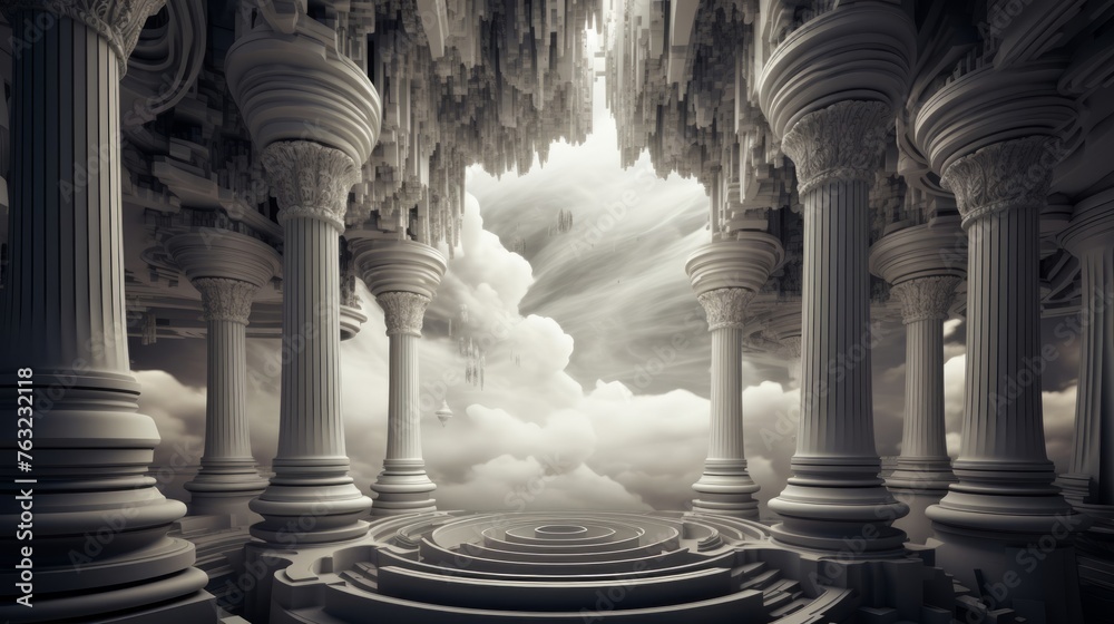 Otherworldly scene of Doric columns floating surreal gravity defiance ...