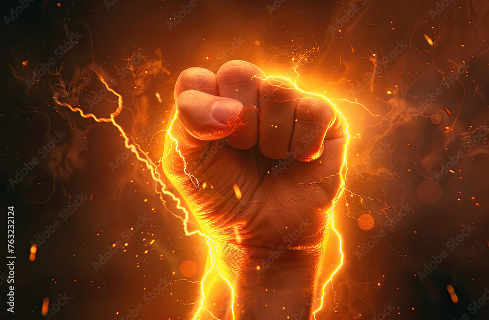 Lightning fist over a dark background, A fist of power hold the ...